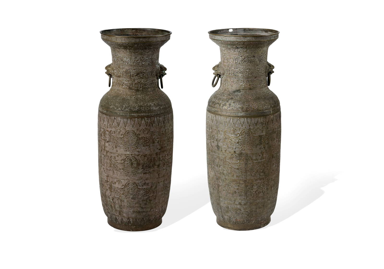 Pr Monumental Chinese Rouleau Shape Bronze Floor Vases. Cast With All ...