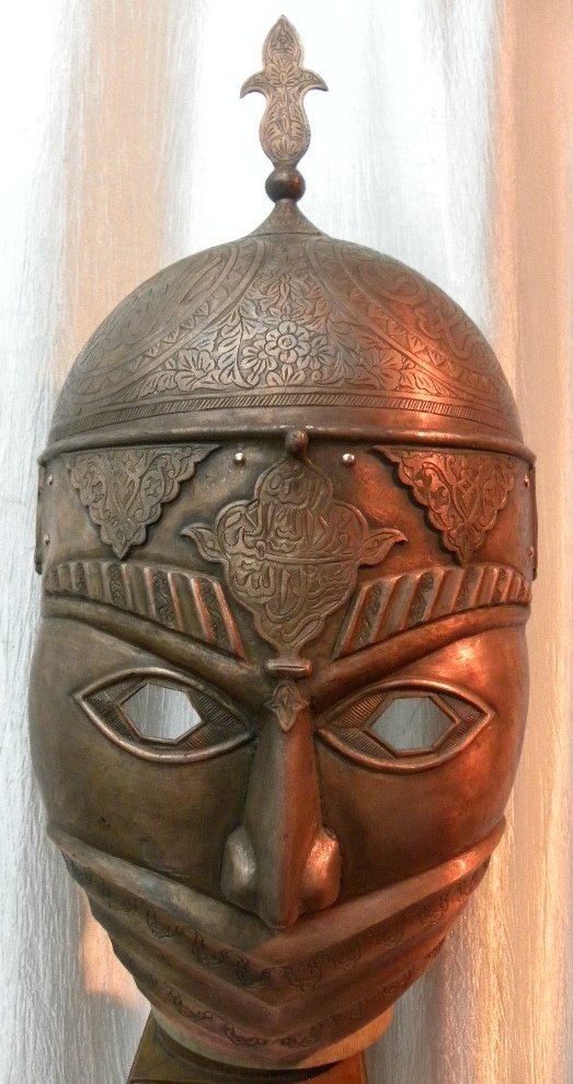 PERSIAN WARRIOR HELMET & MASK ARABIC WRITING 19TH.C.