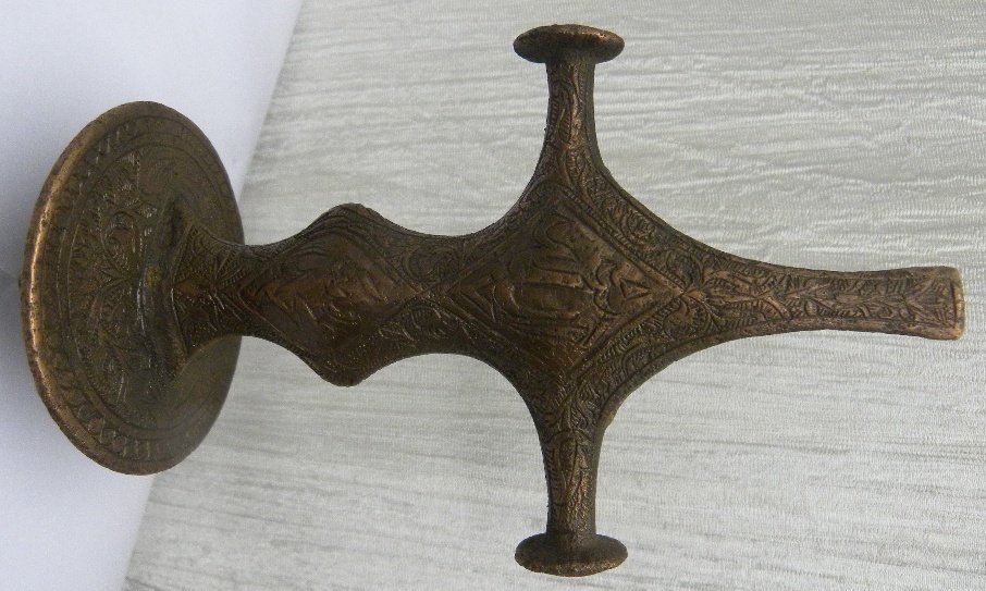 ANTIQUE MUGHAL SWORD HILT COPPER ARABIC HAND ENGRAVING