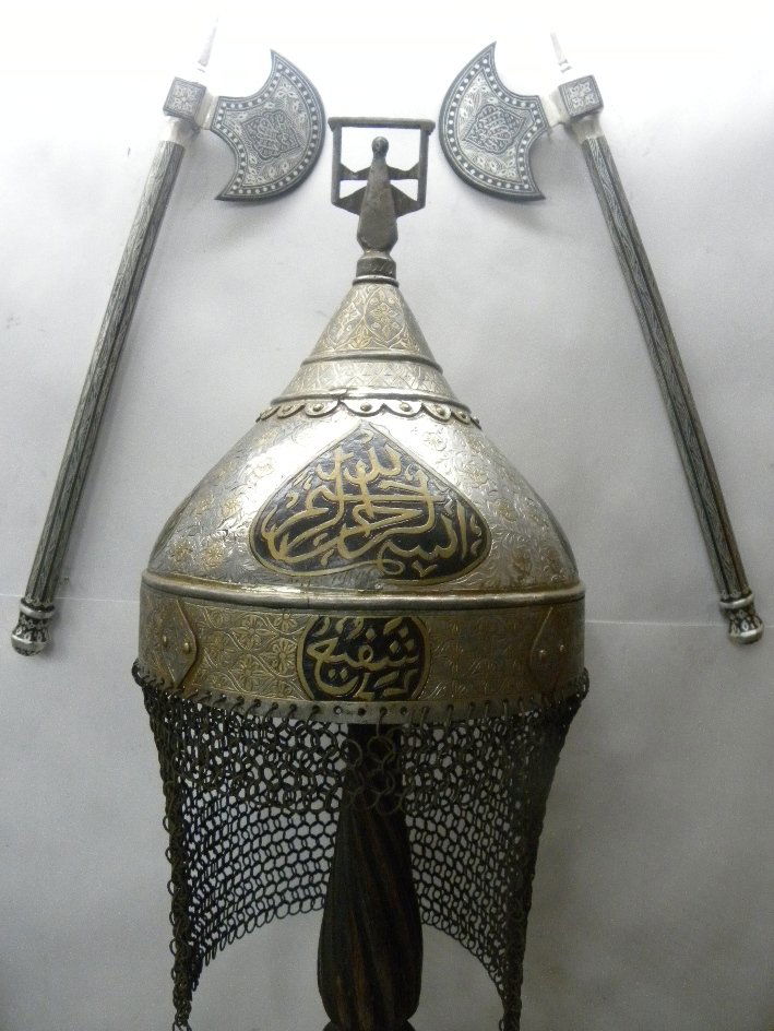 RARE INDO PERSIAN WARRIOR HELMET& 2 AXE SILVER WORK