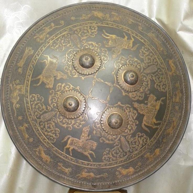 INDIAN SIKH WARRIOR SHIELD 4 SIKH ON HORSE FIGS.19th.c