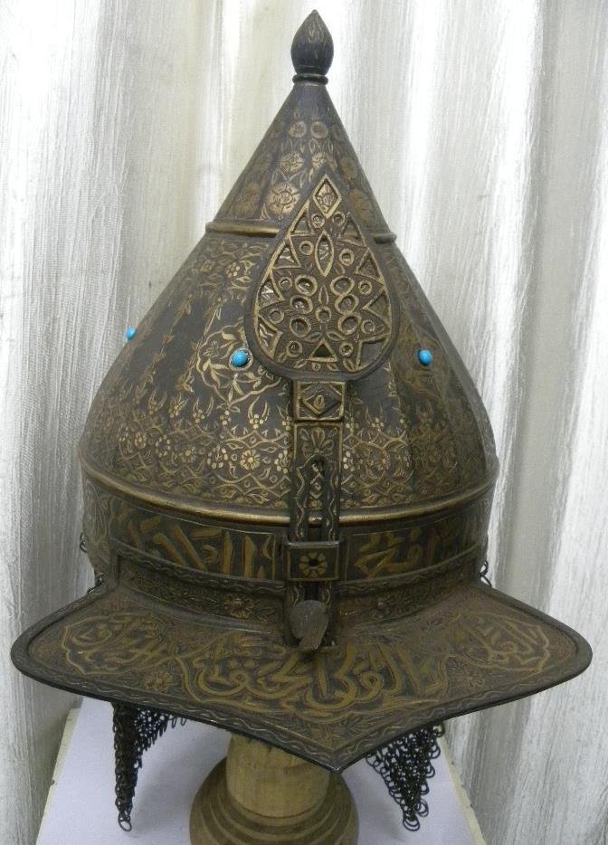 ANTIQUE TURKISH WARRIOR HELMET MANY JEWELS ARABIC BIRDS