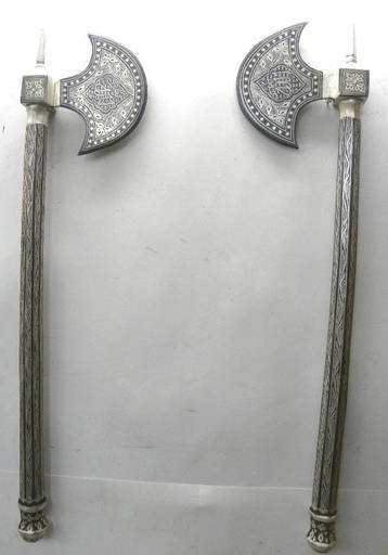 Armor Museum Level Mughal Style Military Warrior Axe Pair Silver Wire ...