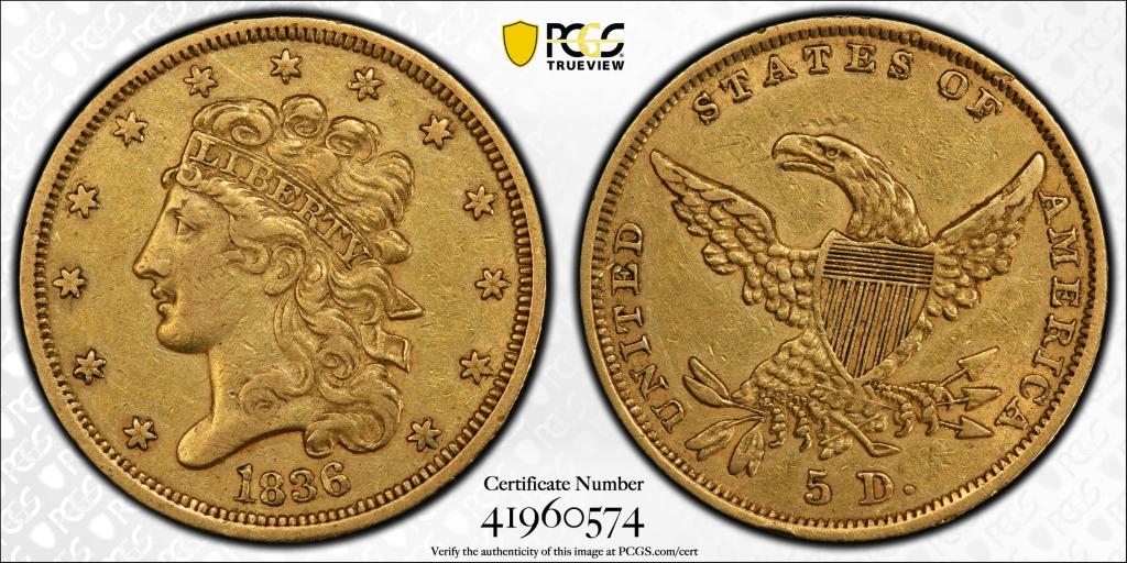 5 dollar gold coin, dated 1836 XF 45 PCGS#41960574 - Feb 26, 2023 ...
