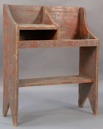 Primitive Red And Gray Painted Bucket Bench Having Two