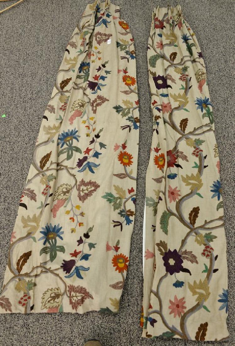 Pair of crewel embroidered drapes or curtains.