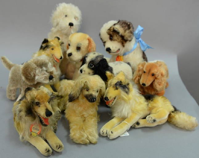 Group Of Ten Steiff Stuffed Mohair Dogs Including