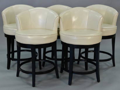 Set Of Five Leather Swivel Bar Stools With Low Backs.