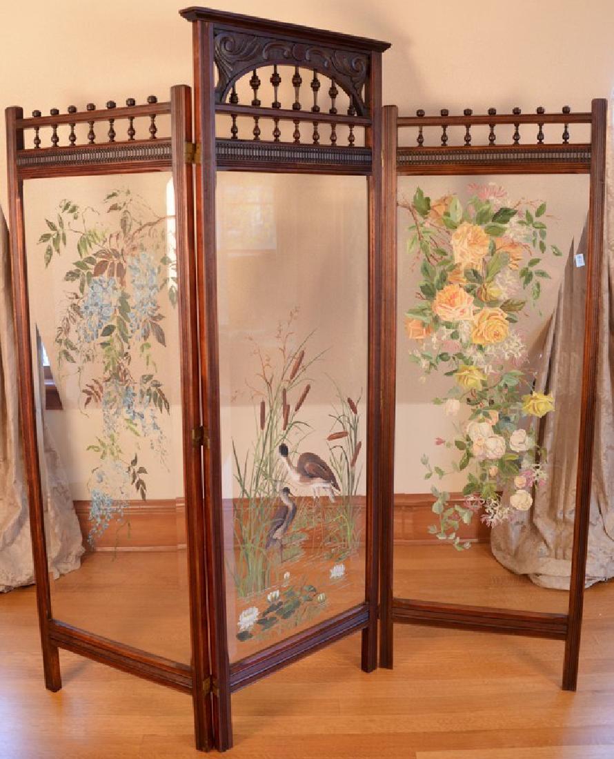 Three fold Victorian dressing screen with hand painted
