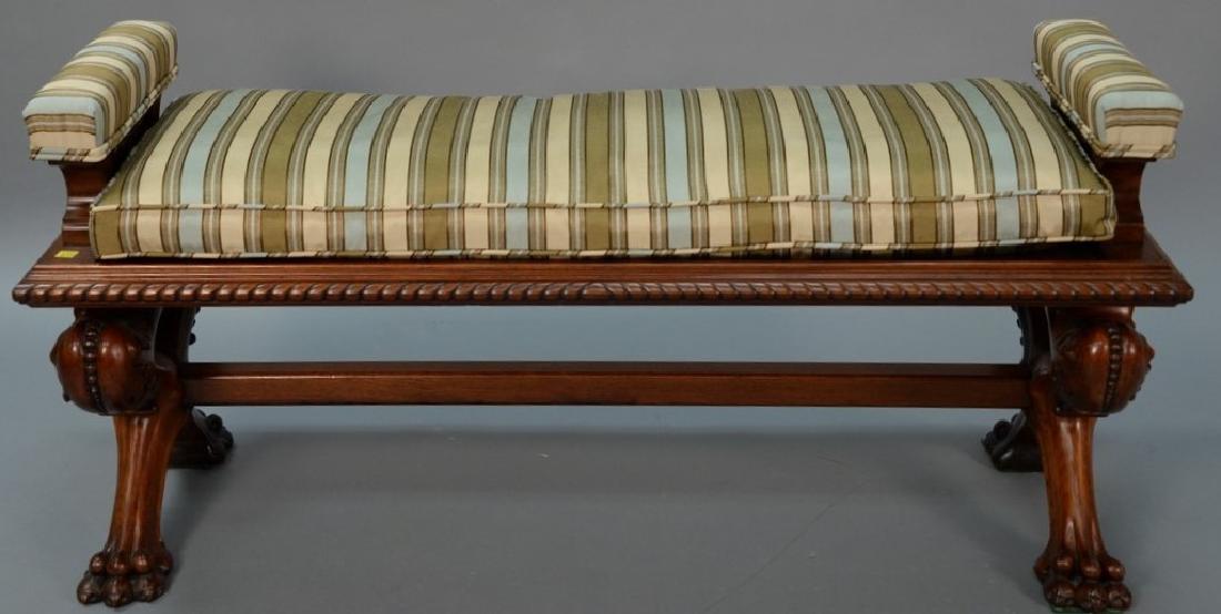 Carved walnut Victorian bench with upholstered cushion
