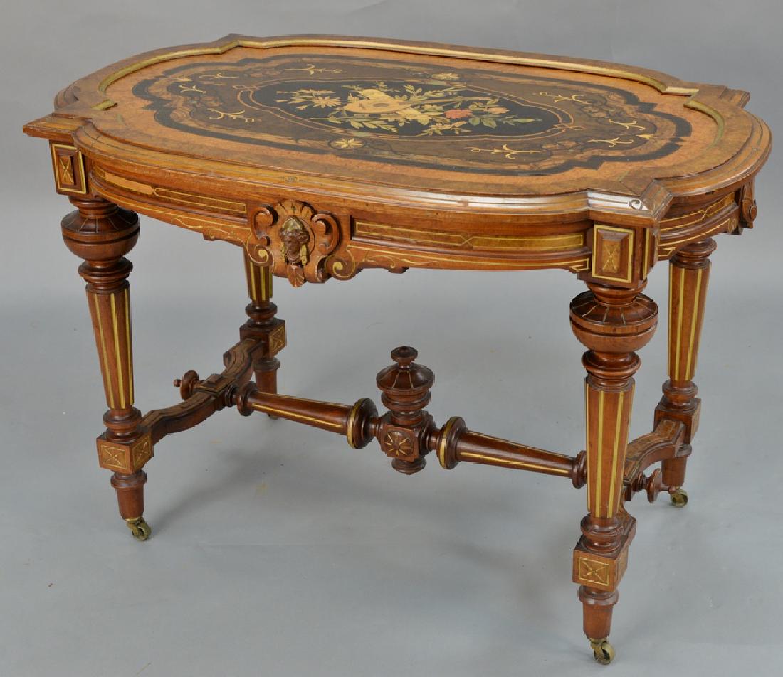 Renaissance Revival walnut center table having inlaid
