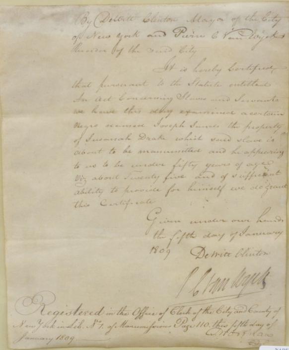 Deed Of Manumission, Manuscript Document Signed "dewitt