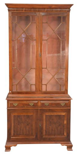 Two Part Cabinet, With Glass Shelves, Burlwood, On Ogee