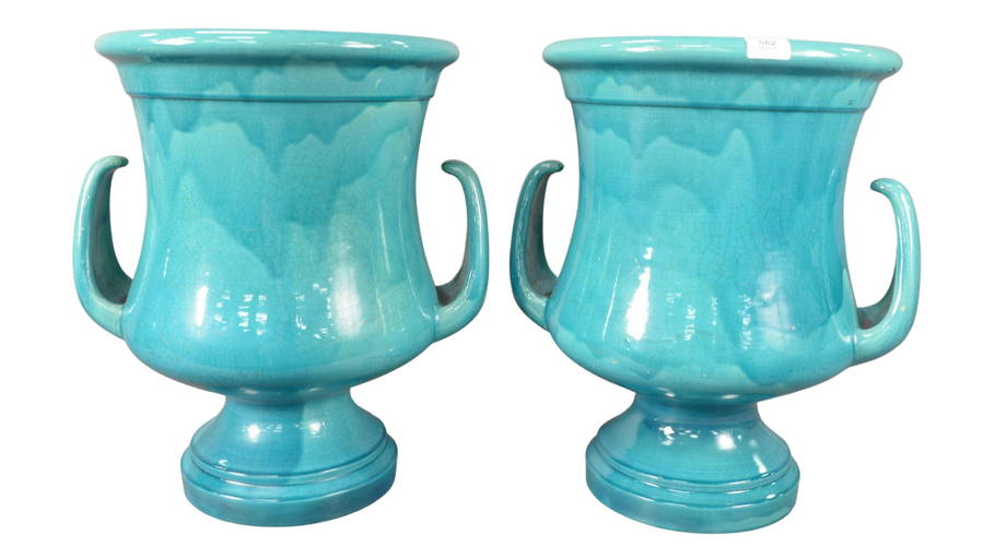 Clement Massier French Turquoise Glazed Garden Urns