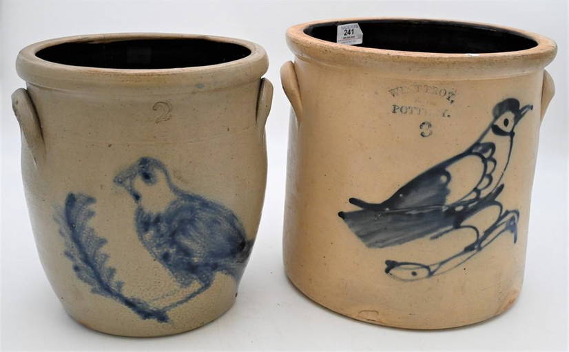 Two Stoneware Crocks, each having cobalt blue birds, (#0241) on Oct 30 ...