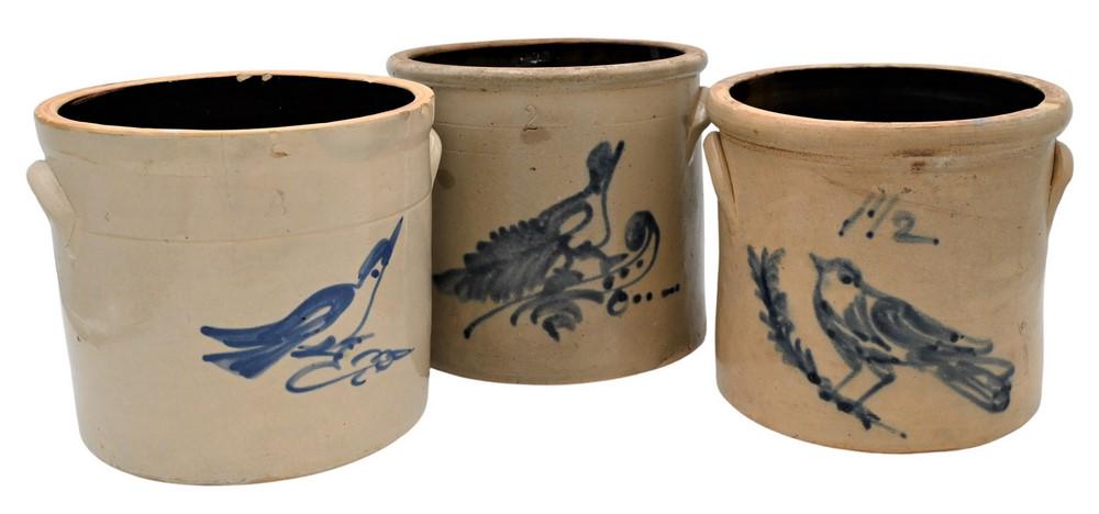 Three Stoneware Crocks, having blue bird on branch (#0248) on Oct 30 ...