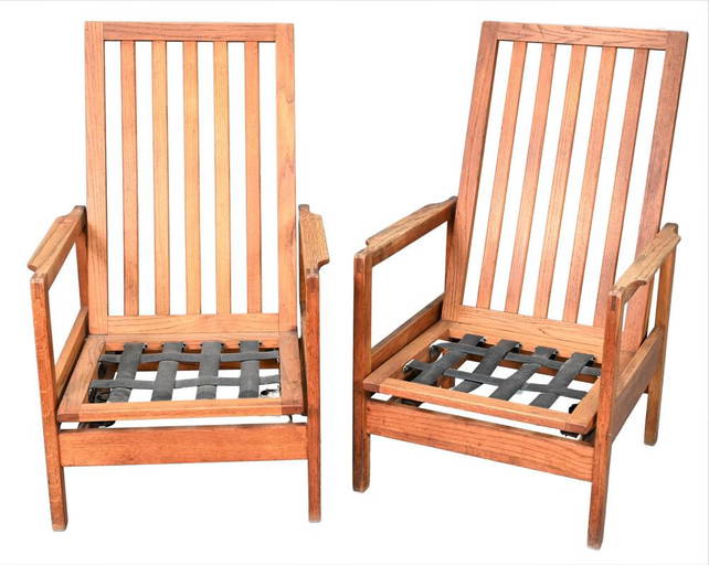 Pair of Oak Modern Rocking Chairs, having slat back (#0315) on Feb 26 ...