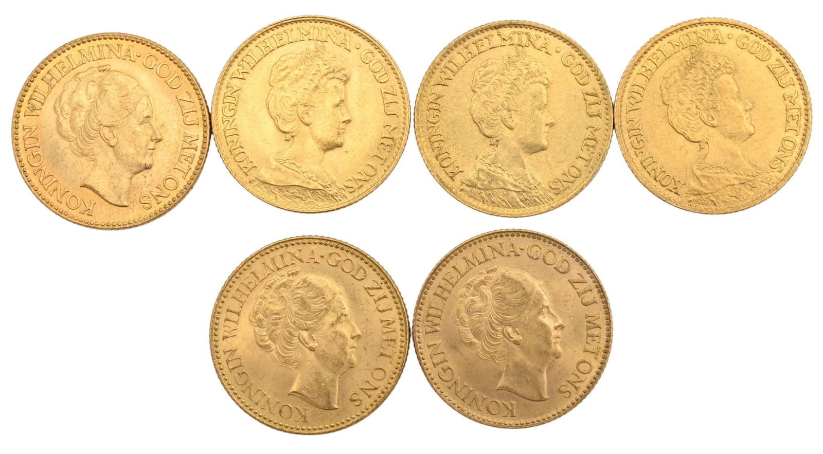 Six Dutch 10 Guilder Uncirculated Gold Coins