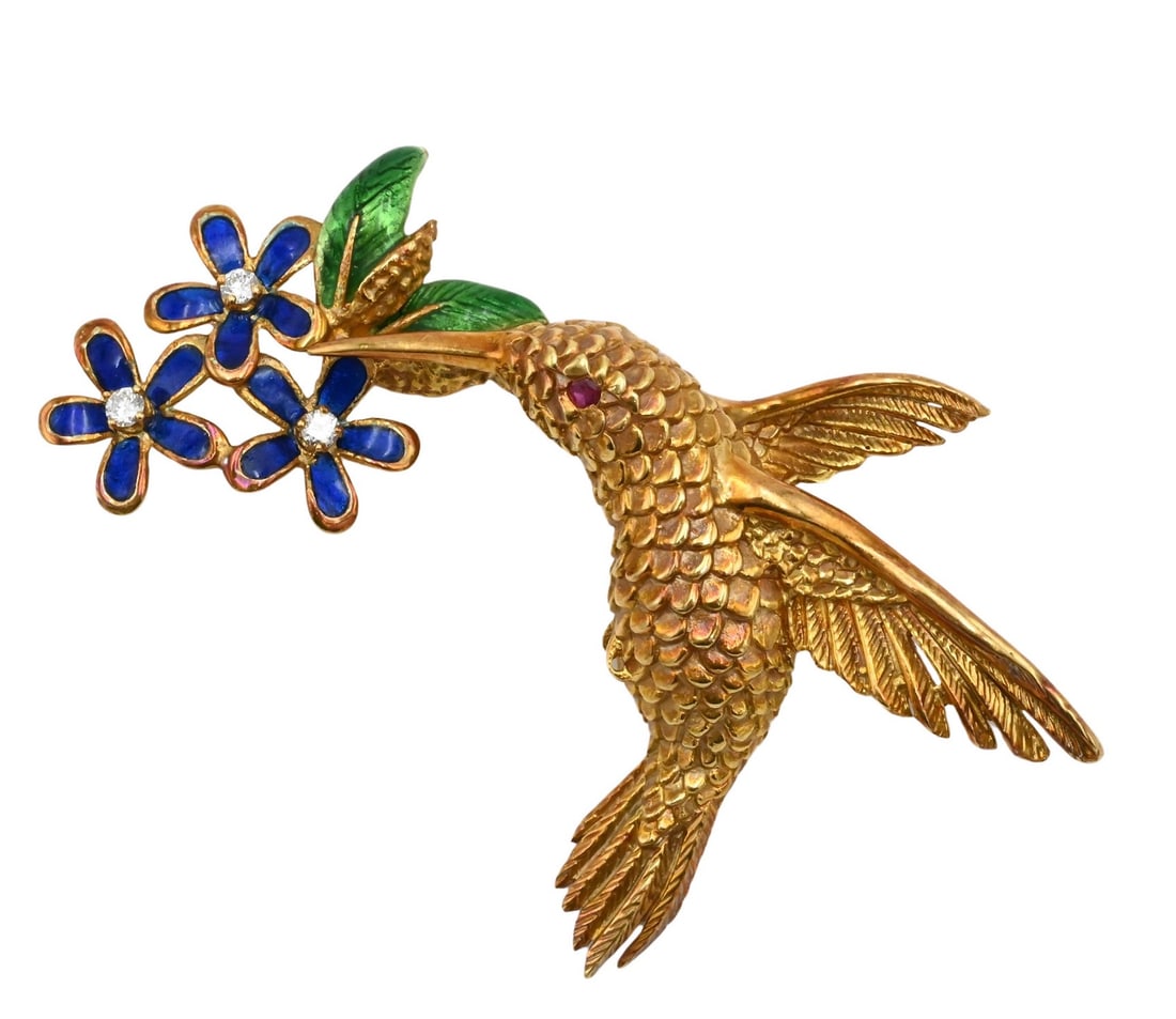 Peter Lindeman 18k Yellow Gold Hummingbird Brooch Auction