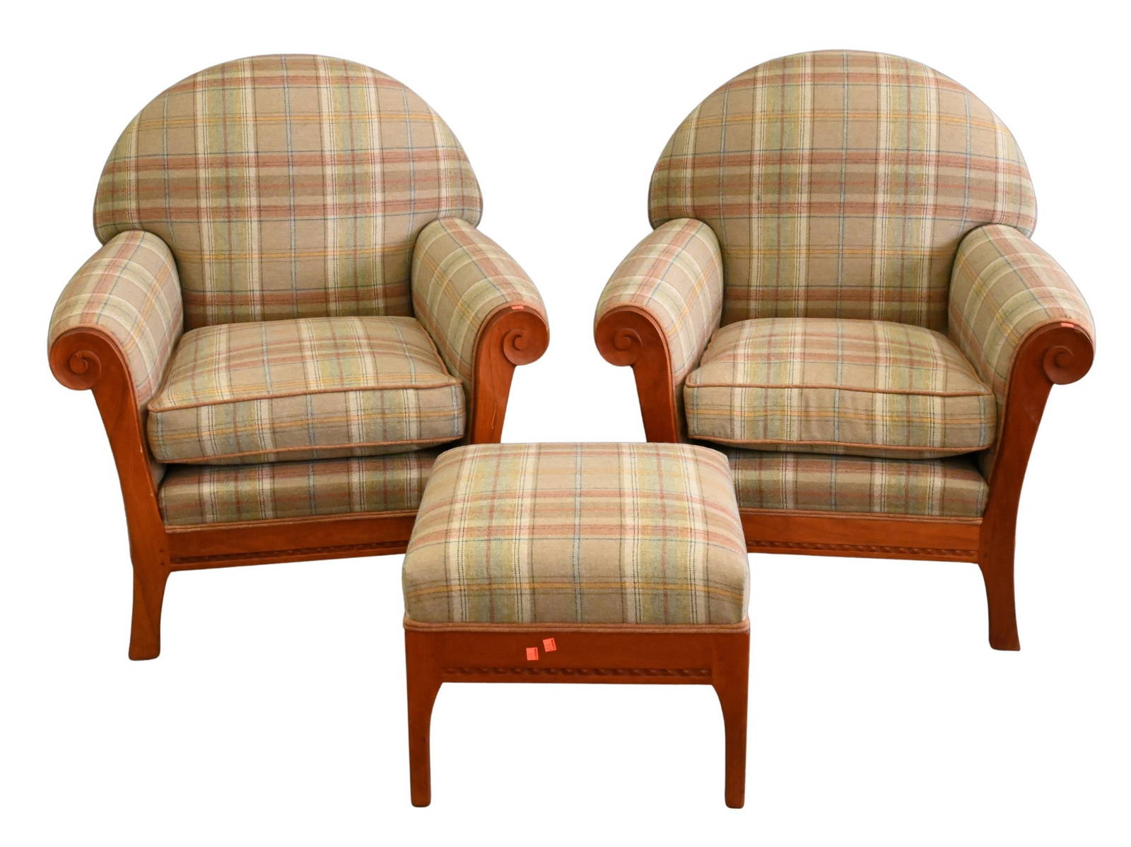 Pair Of Thomas Shackleton Custom Cherry Upholstered Easy Chairs Having Foot Stool Auction