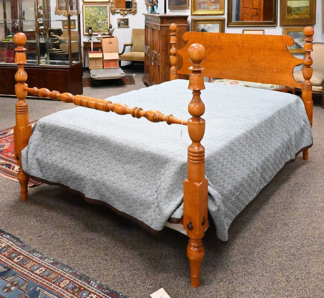 David Lefort Tiger Maple Queen Size Four Post Cannonball Top Bed Auction
