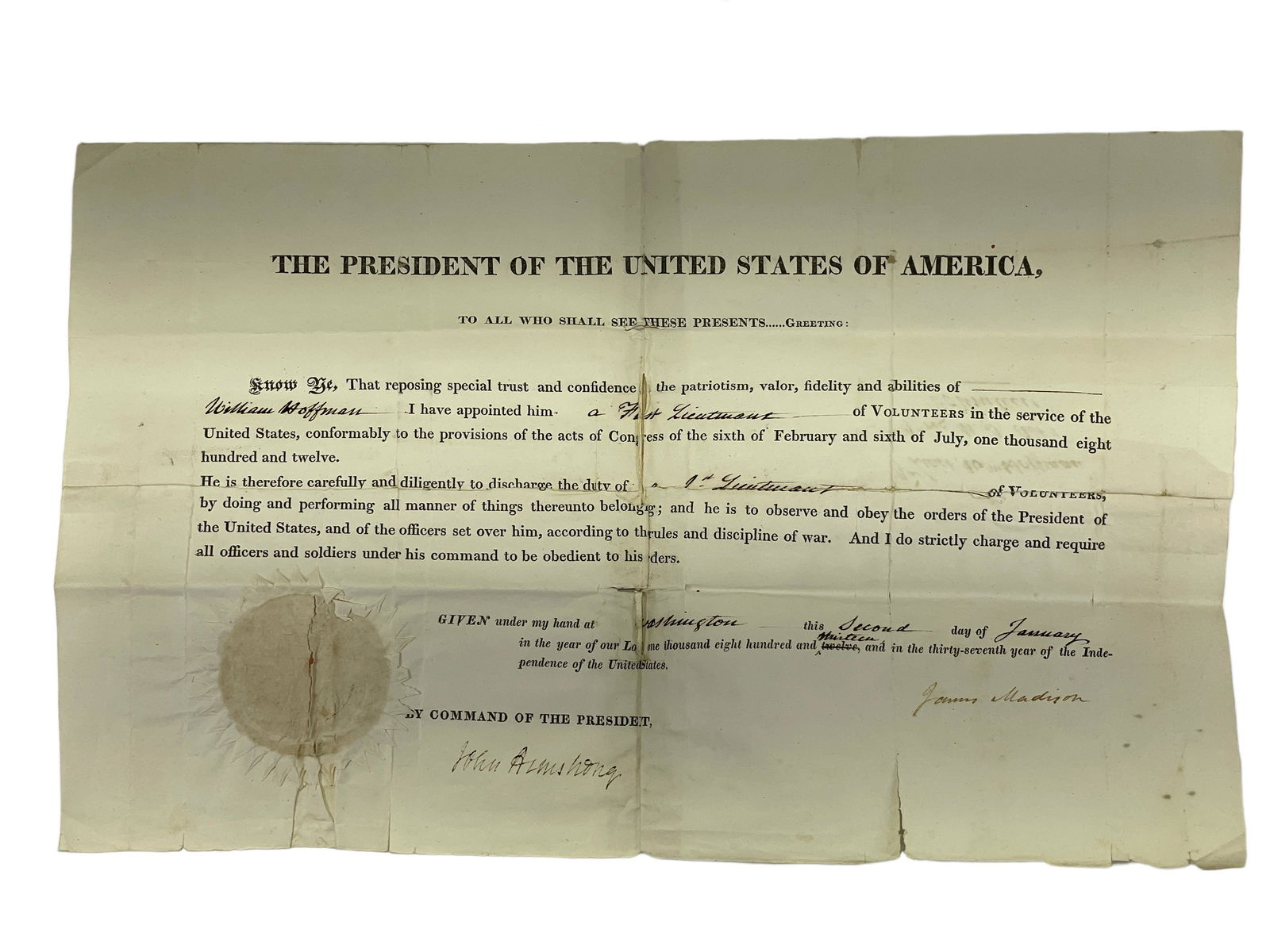 Signed President James Madison Military Appt. to William Hoffman (#0315 ...