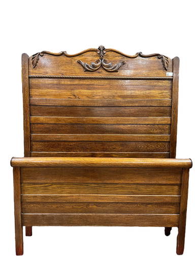 Antique Carved Oak Full Size Bed W/ Rails