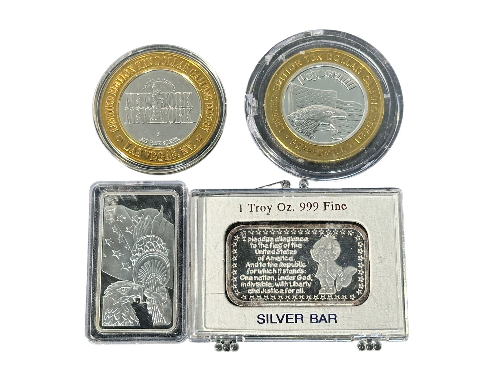 2 1oz Silver Ingots & 2 Silver Casino Tokens Auction