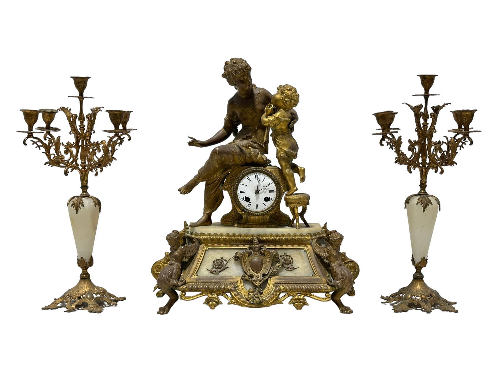 3 Pc French Neo Classical Alabaster Garniture Clock Set Auction