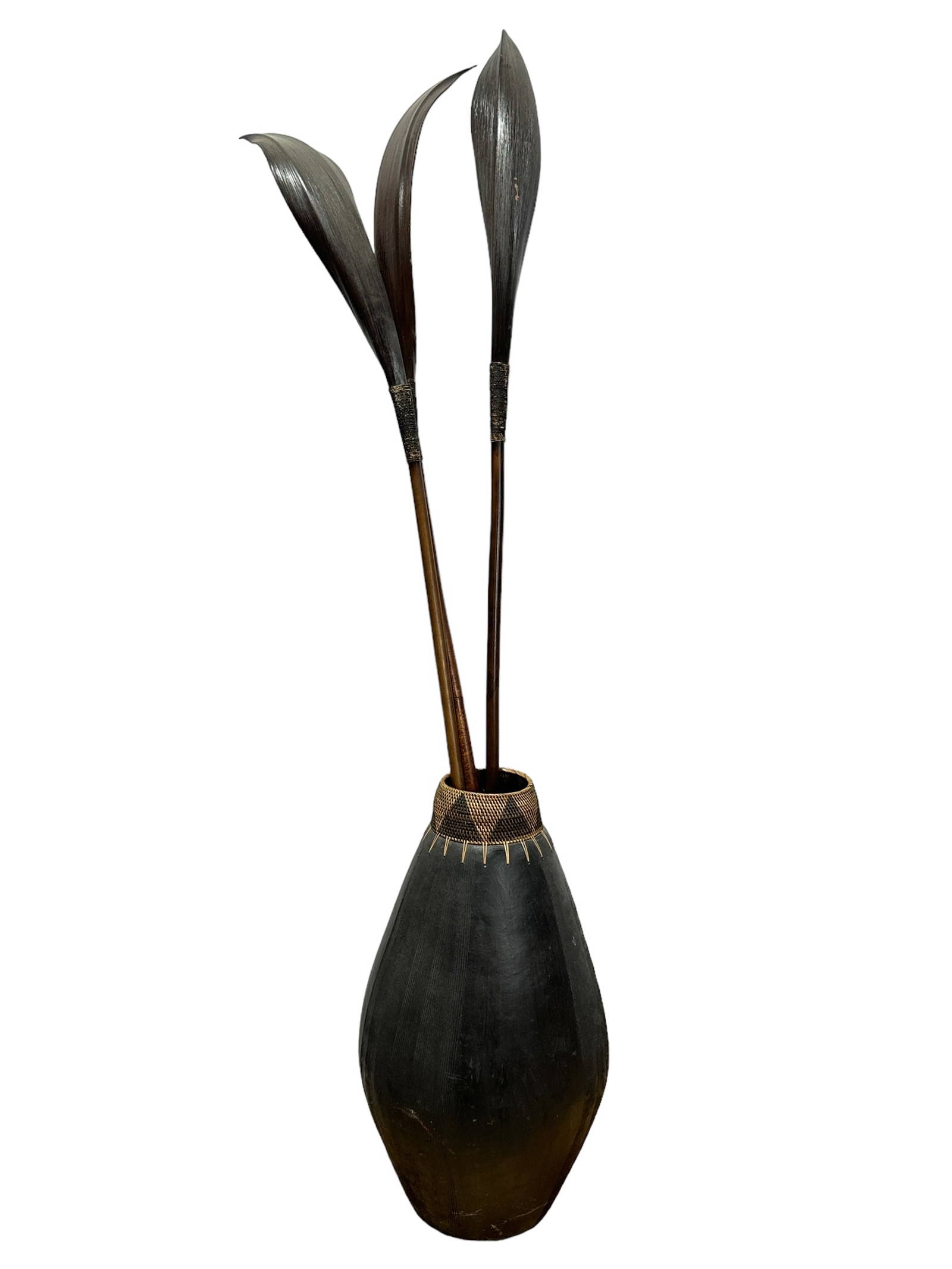 Large Terracotta & Rattan Rim Floor Vase W/ Bamboo Leaf Rods Auction