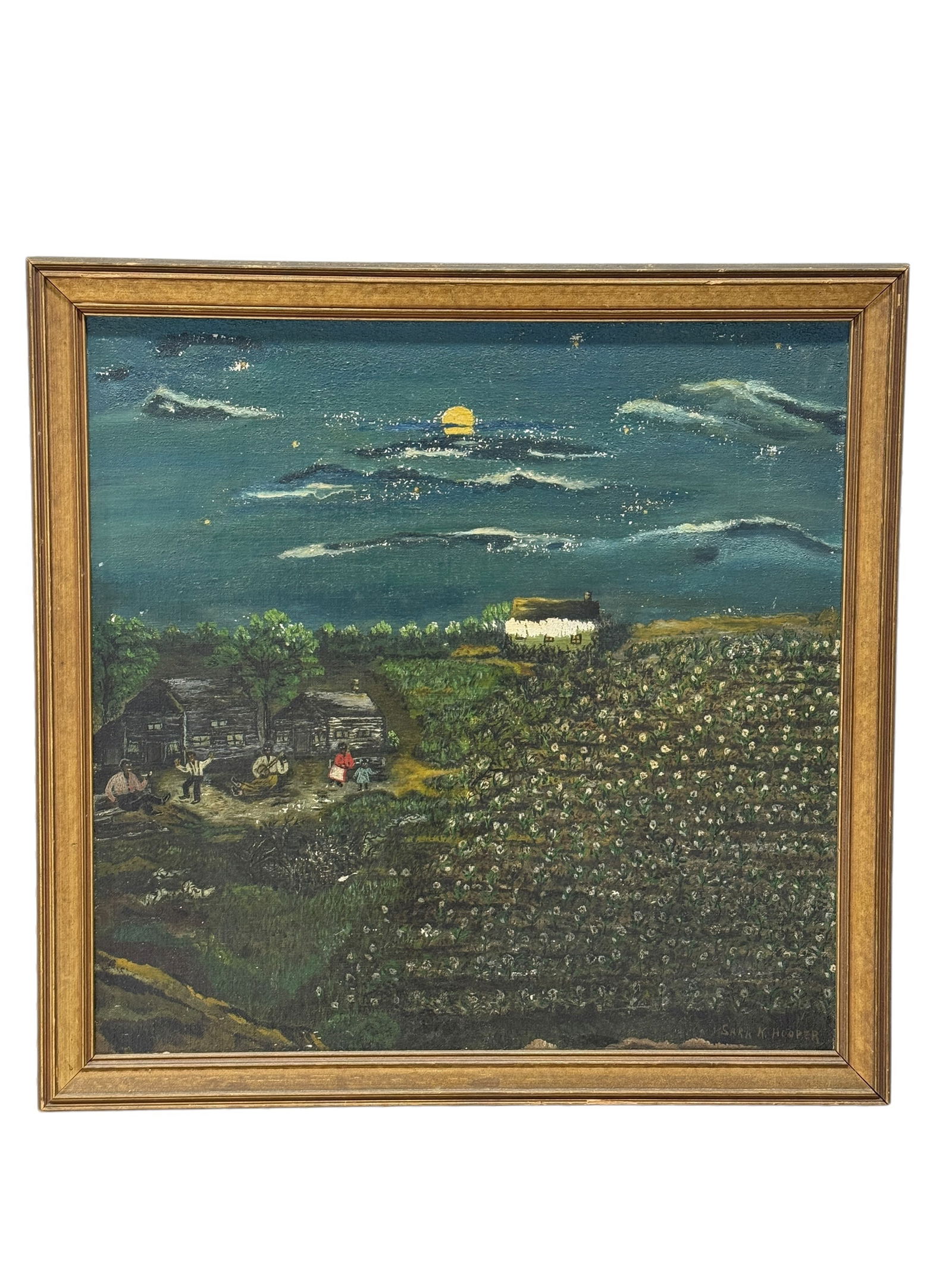 Signed Sara K Hooper Folk Art "cotton Field" Oil On Board Painting ...