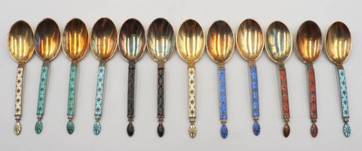12 J. Tostrup Vermeil & Enamel Tea Spoons