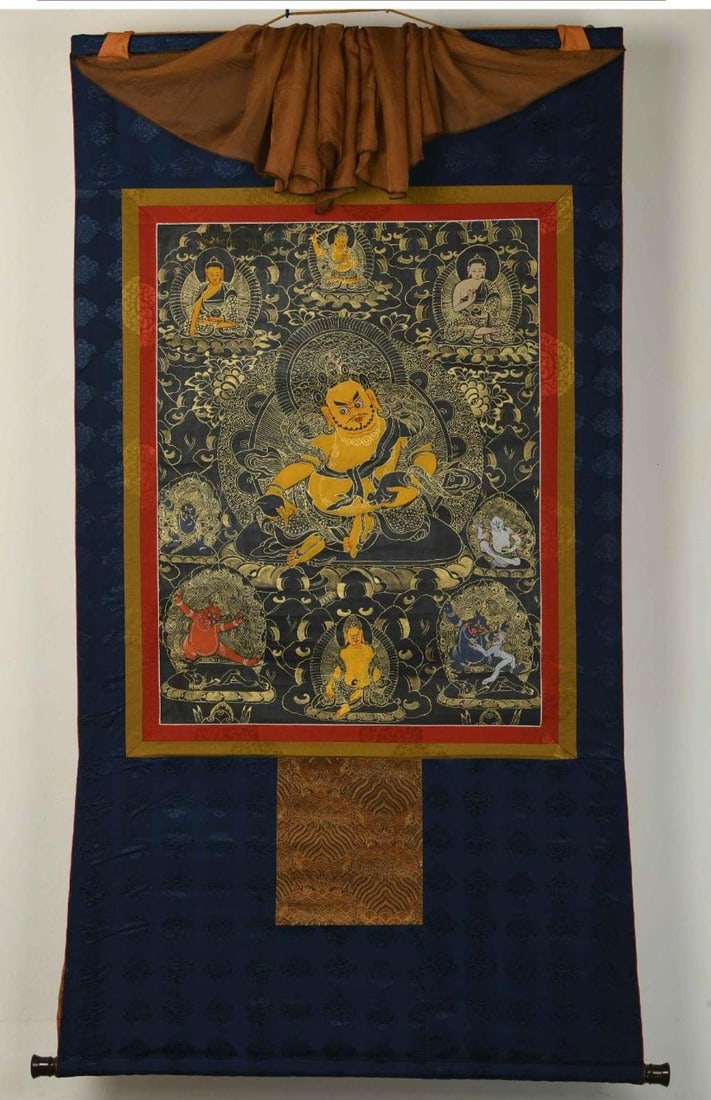 A Mineral Color Painted Thangka Of Yellow Jambhala