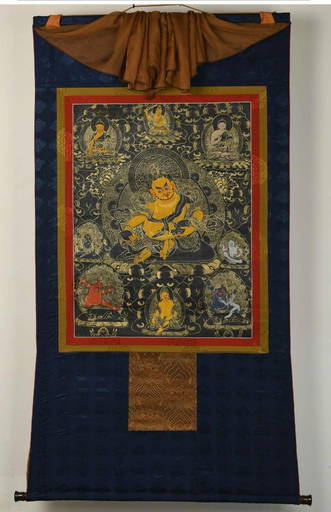 A Mineral Color Painted Thangka Of Yellow Jambhala