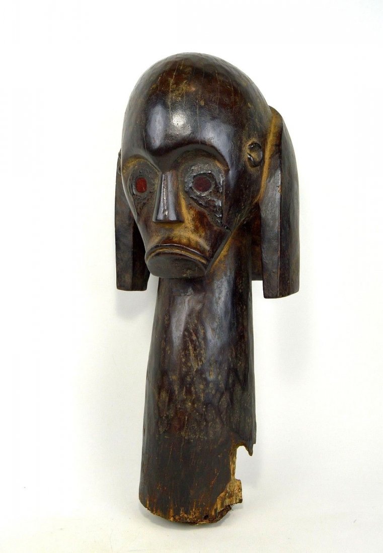 Large Fang Reliquary Head, Red Glass Eyes, African Art