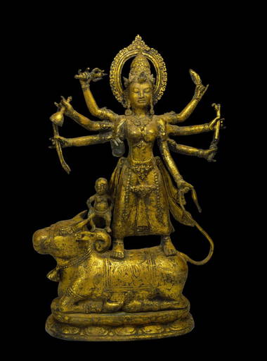 A Fine Bronze Kali On Nandi Bronze Sculpture, Hindu Art