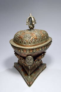 A Fine Hand Chased Copper Tibetan Kapala Skull Bowl With A "brain" Lid ...