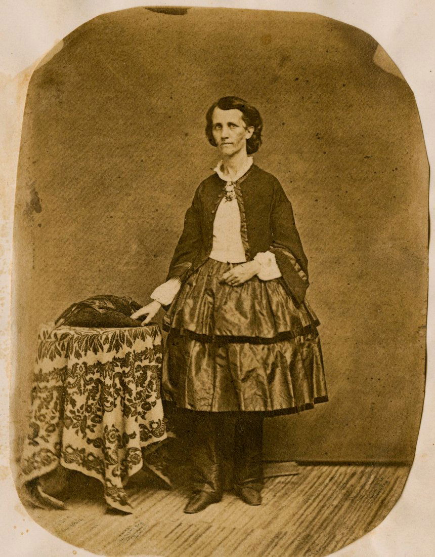 BLOOMER WOMAN ONEIDA DRESS, IDENTIFIED, SALT PRINT