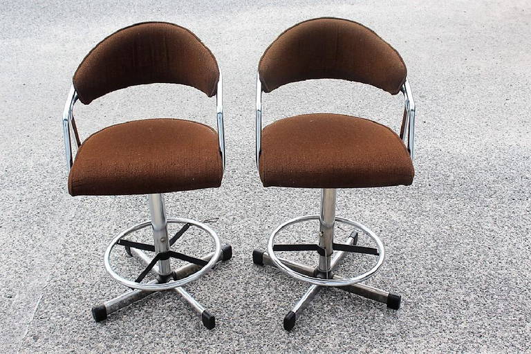 Pair Of Vintage Samsonite Bar Stools With Brown Seats