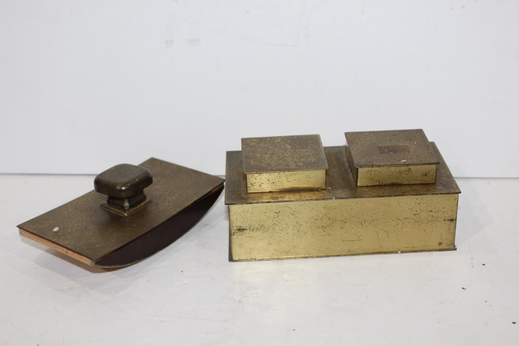 Vintage Brass Ink Well And Stamp Set