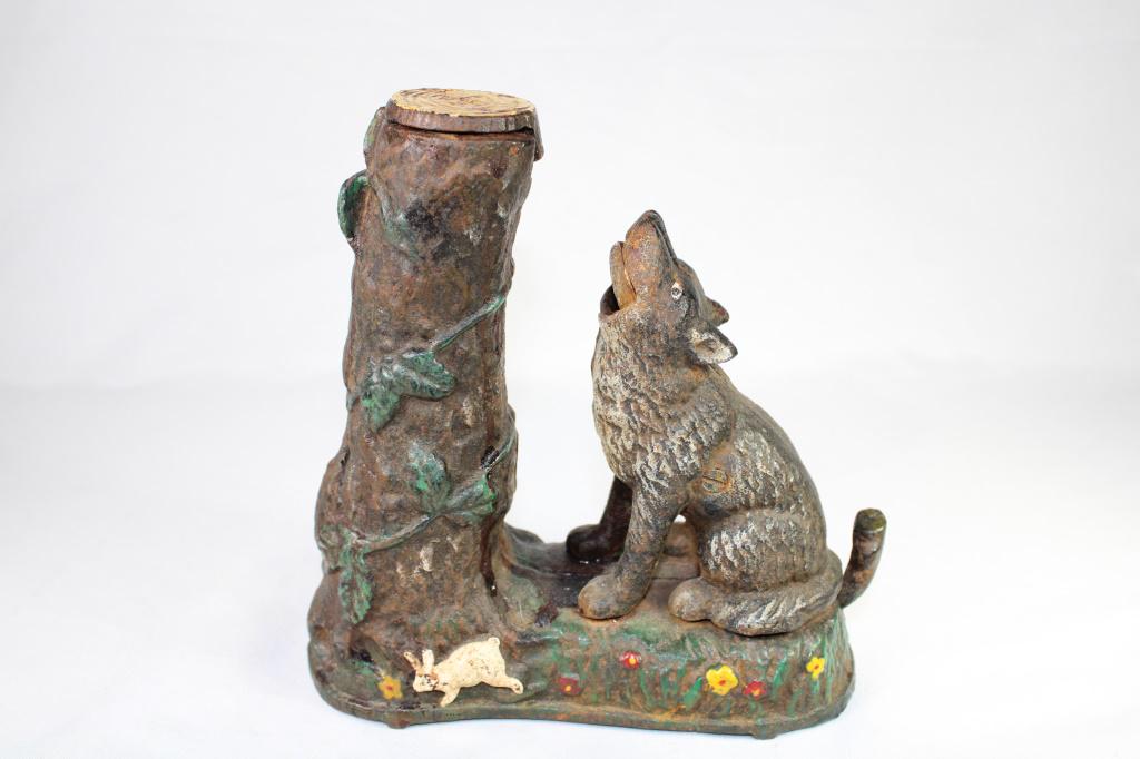 Hubley Cast Iron Wolf And Squirrel Mechanical Bank