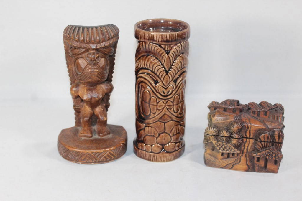 Trio Of Tiki Items - Mug, Statue, Trinket Box Auction