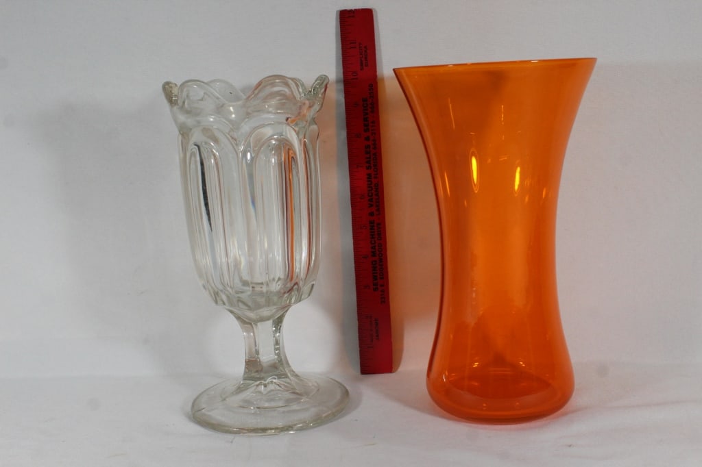 Lot Of 2 Glass Vases Clear Glass & Orange Glass Auction