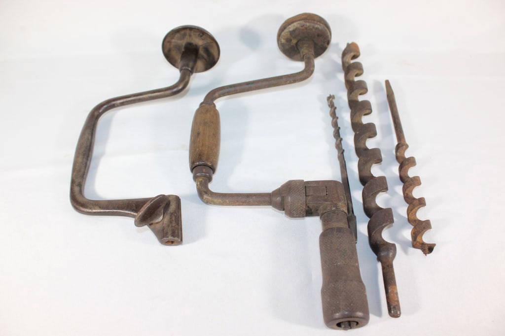 Pair Of Antique Hand Crank/manual Drills, Bits Auction