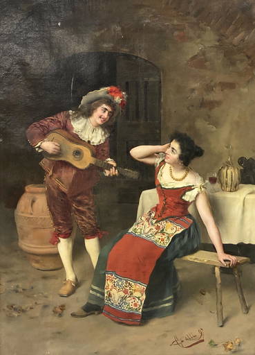 Painting Of Man Serenading Woman By Eduardo Galli.