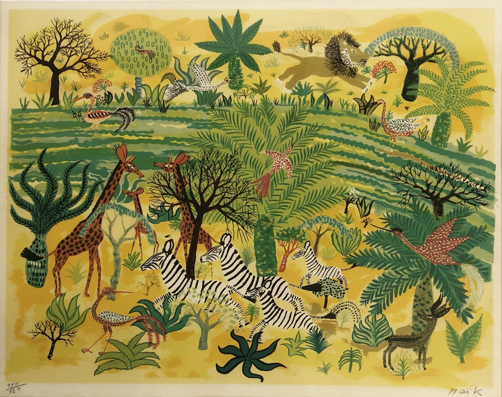 Henri Maik Lithograph Of Jungle Animals & Trees.
