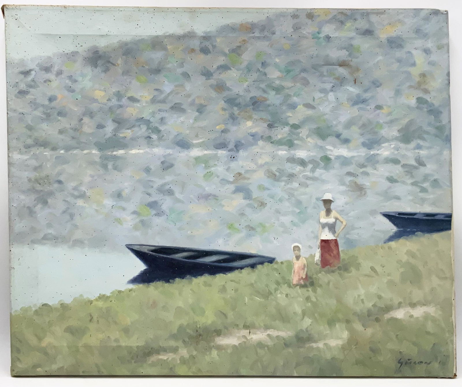 Andre Gisson Painting Of Mother, Child & Boat.