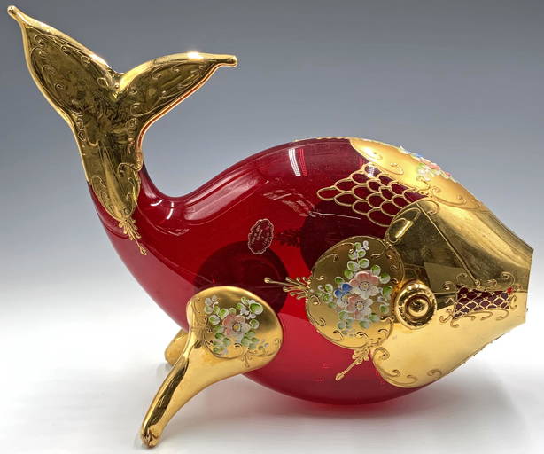 Italian Figural Glass Fish Decanter W/ Gold Gilt.