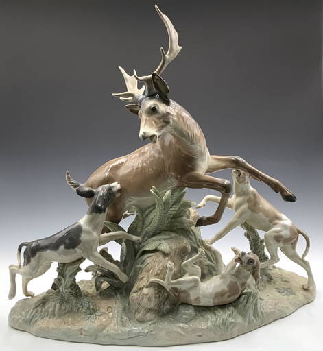 Lladro Figural Group Of Stag And Hunting Dogs.