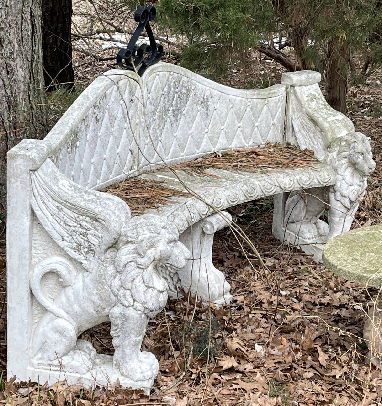 Curved Concrete Garden Bench W/ Winged Lions. Auction